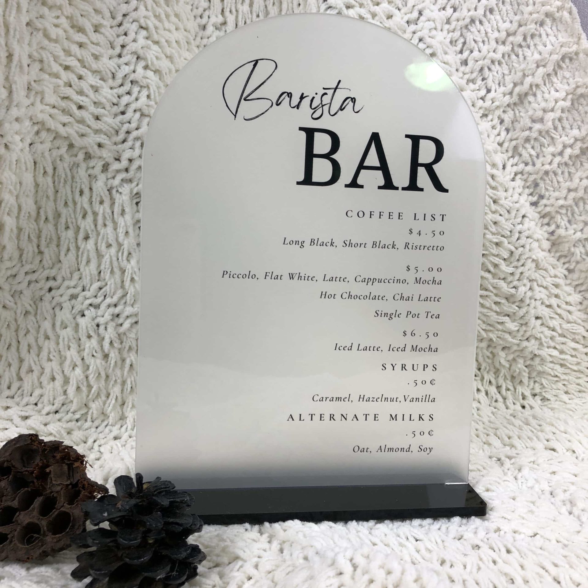 Barista Bar Custom Acrylic Arch Sign - Weddings Wise